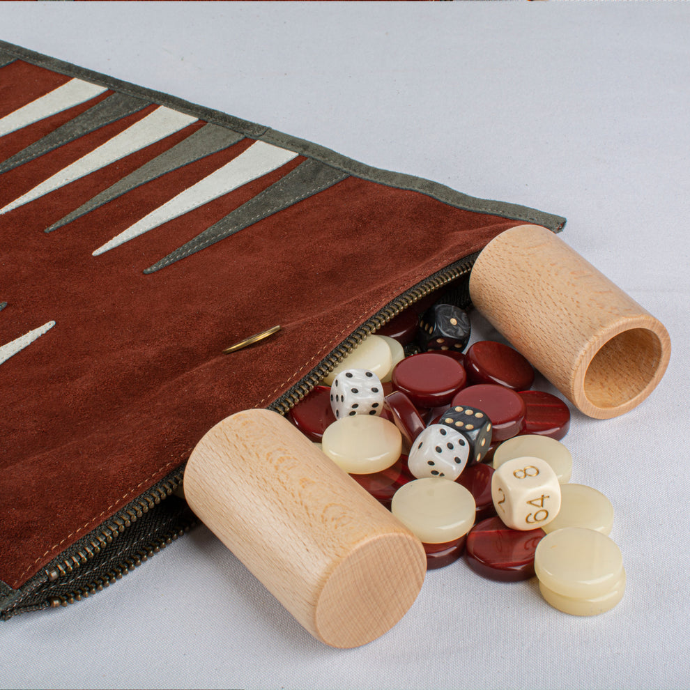 BURGUNDY RED SUEDE ROLL-UP Backgammon