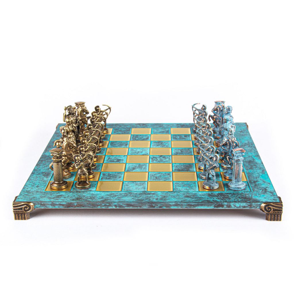 ARCHERS CHESS SET with blue/brown chessmen and bronze chessboard (Larg ...