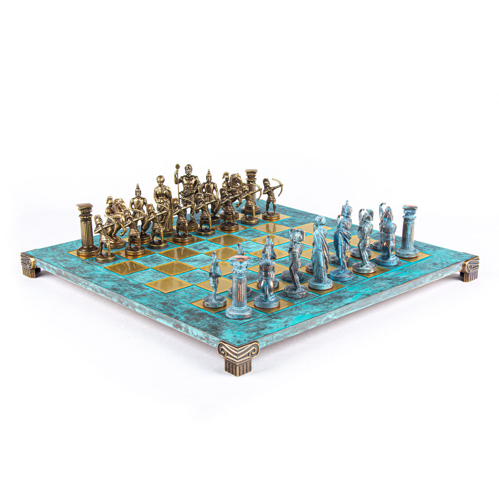 ARCHERS CHESS SET with blue/brown chessmen and bronze chessboard (Larg ...