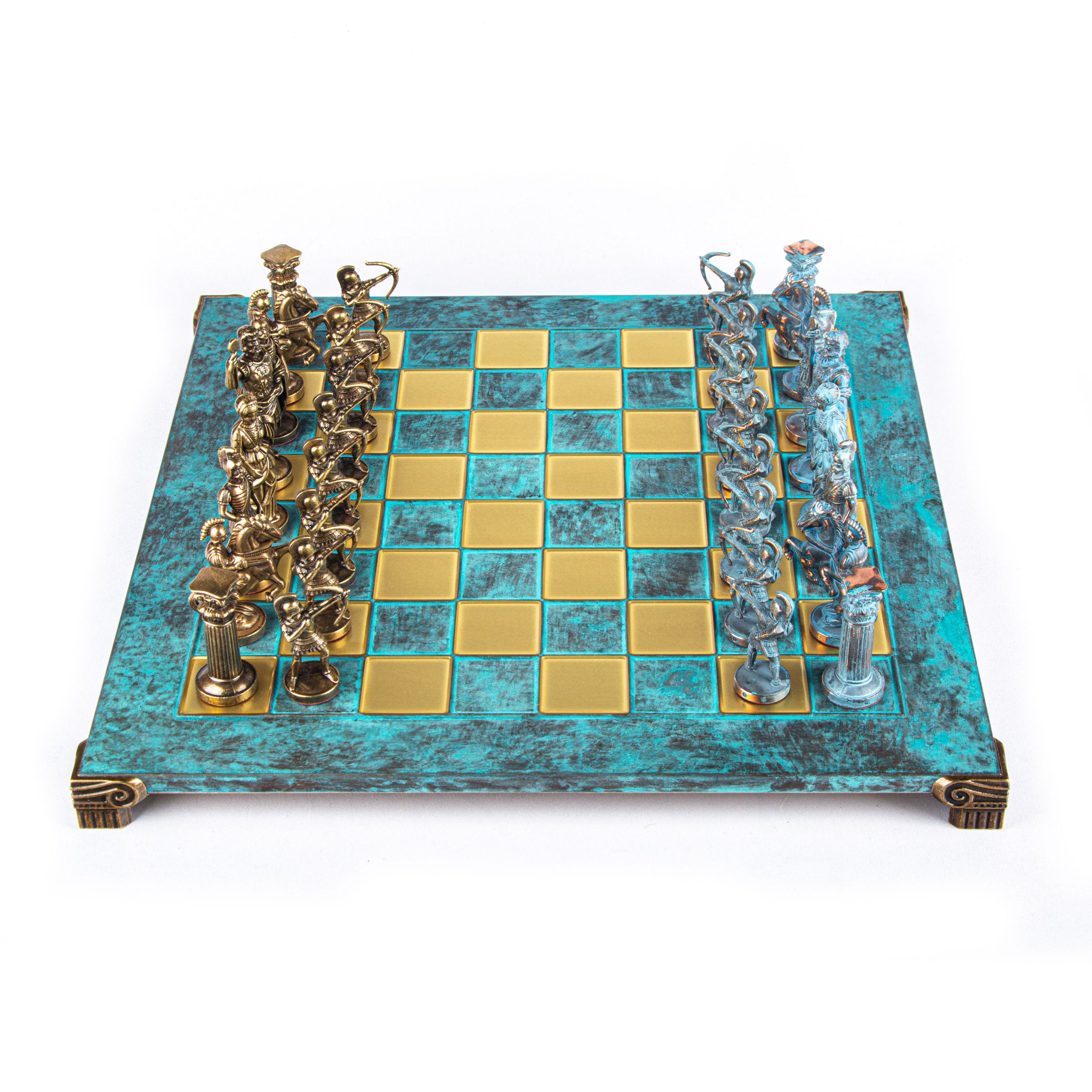 Handcrafted Archers Chess Set - Blue & Brown chessmen with bronze ...