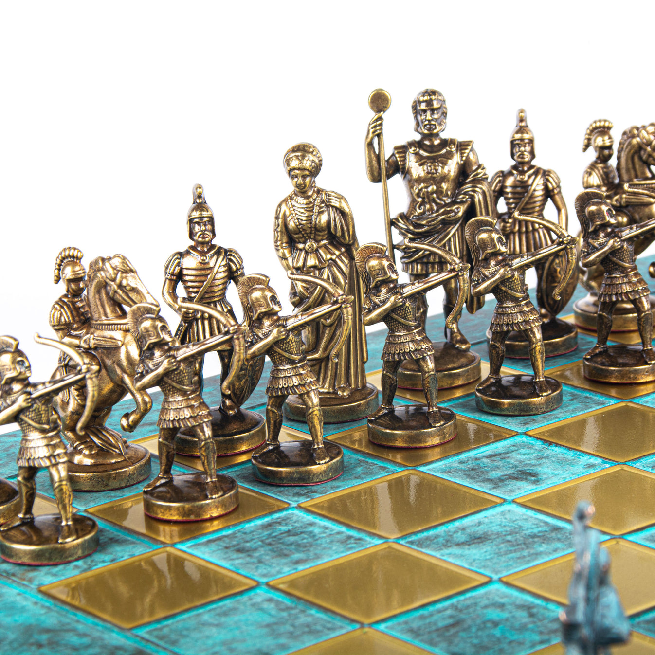 Handcrafted Archers Chess Set - Blue & Brown chessmen with bronze ...