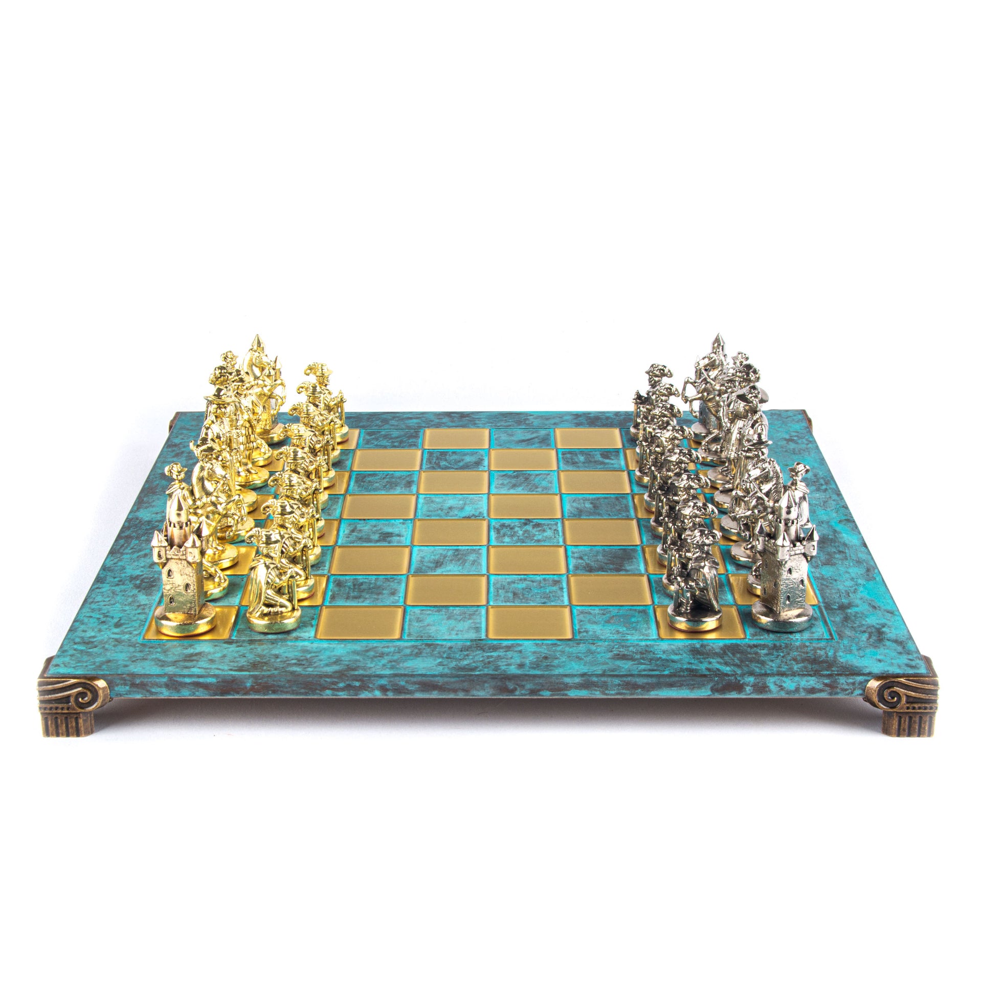 MEDIEVAL KNIGHTS CHESS SET with gold/silver chessmen and bronze chessb ...