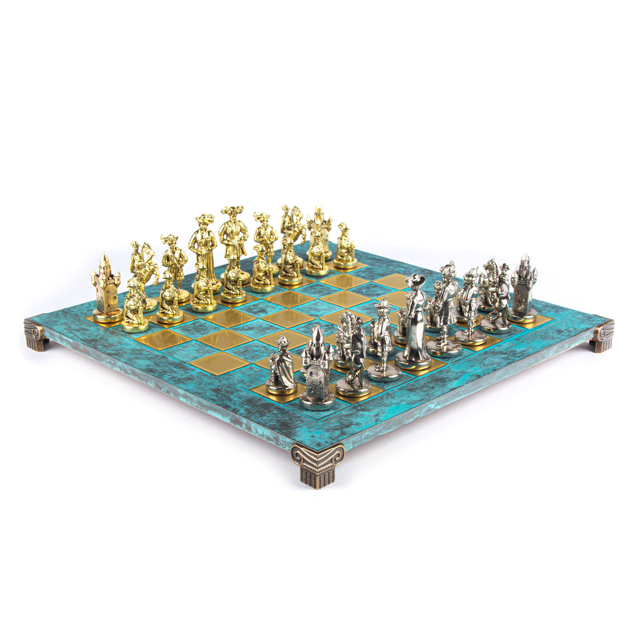 MEDIEVAL KNIGHTS CHESS SET with gold/silver chessmen and bronze chessb ...