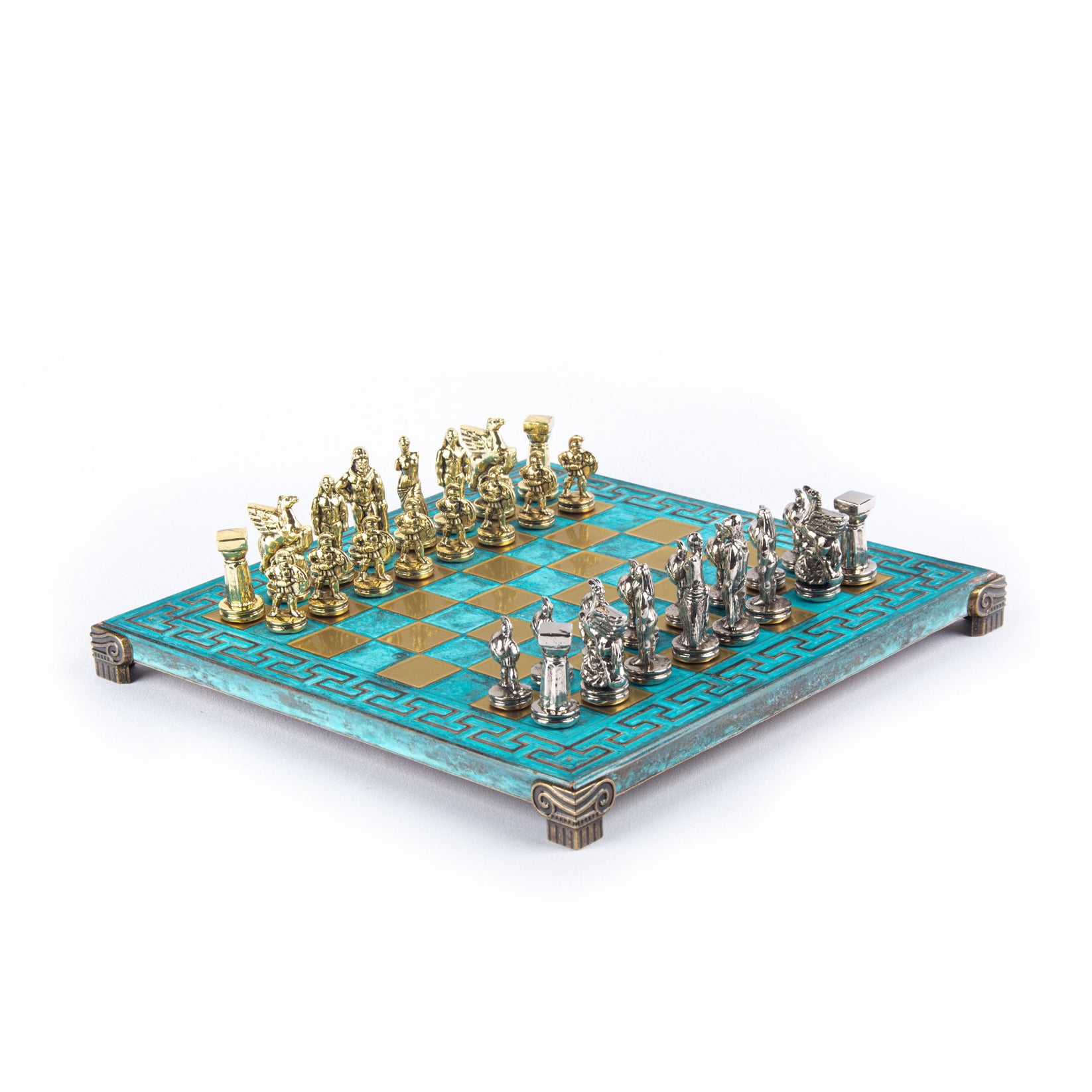 SPARTAN WARRIOR CHESS SET with gold/silver chessmen and Meander bronze