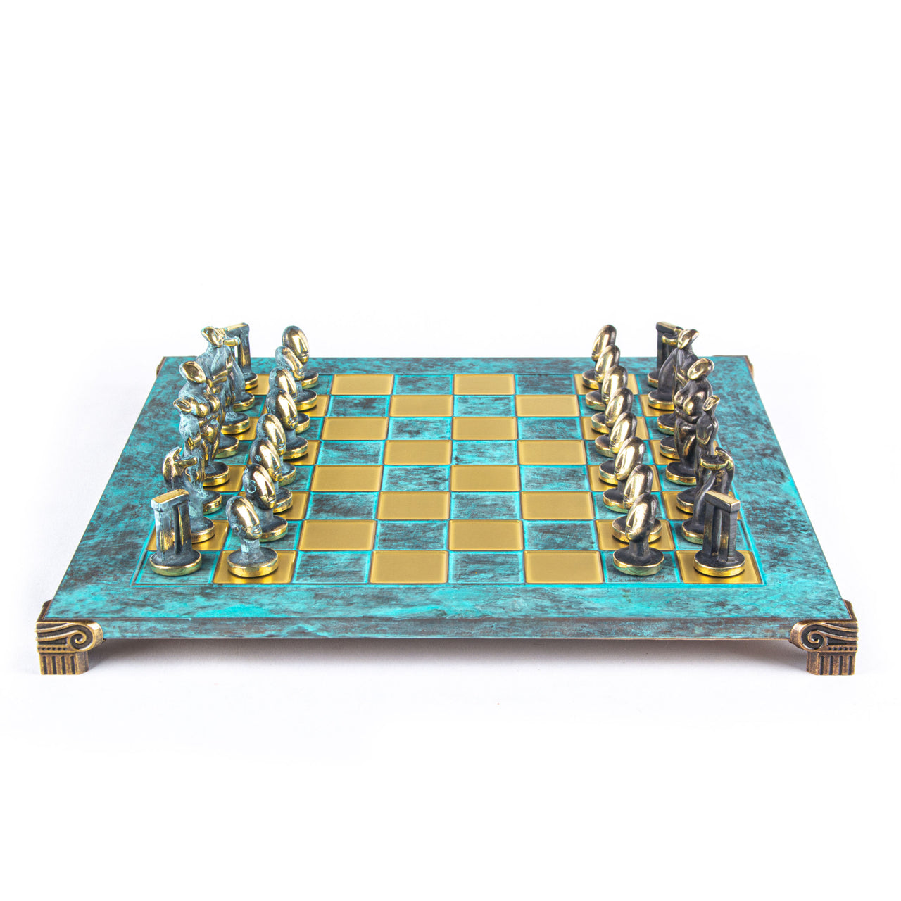 CYCLADIC ART SOLID BRASS CHESS SET with blue/brown chessmen and bronze ...