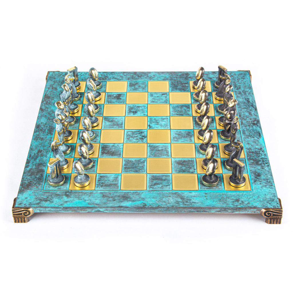 CYCLADIC ART SOLID BRASS CHESS SET with blue/brown chessmen and bronze ...
