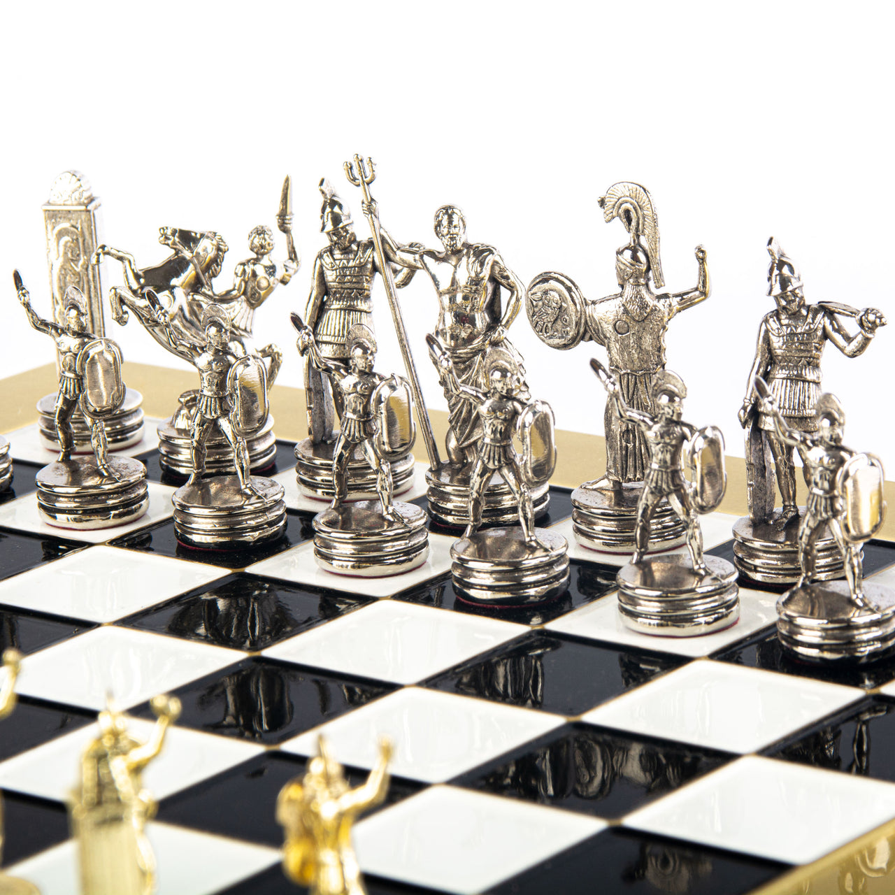 GREEK MYTHOLOGY CHESS SET with gold/silver chessmen and bronze chessbo ...