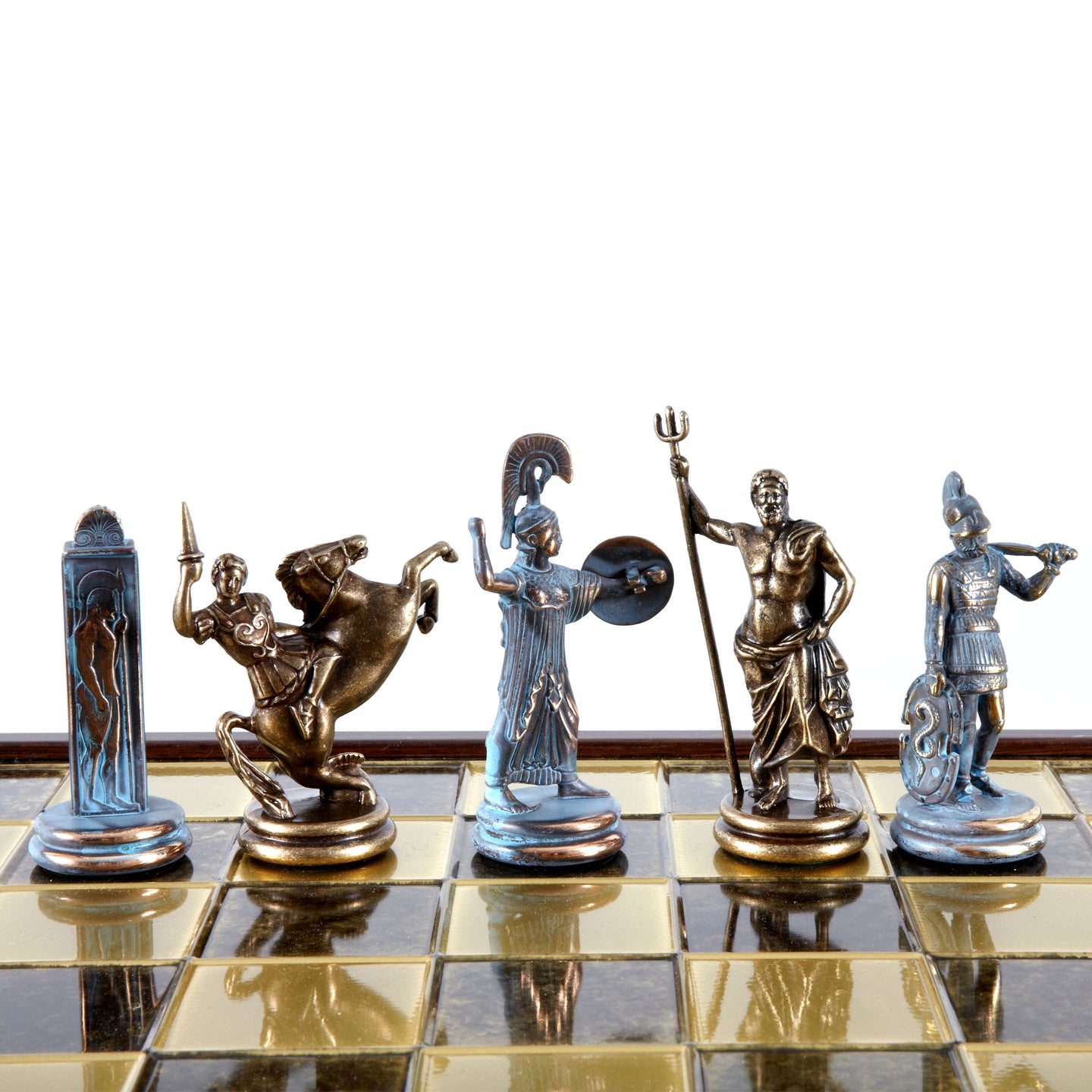 GREEK MYTHOLOGY CHESS SET in wooden box with blue/brown chessmen and b ...