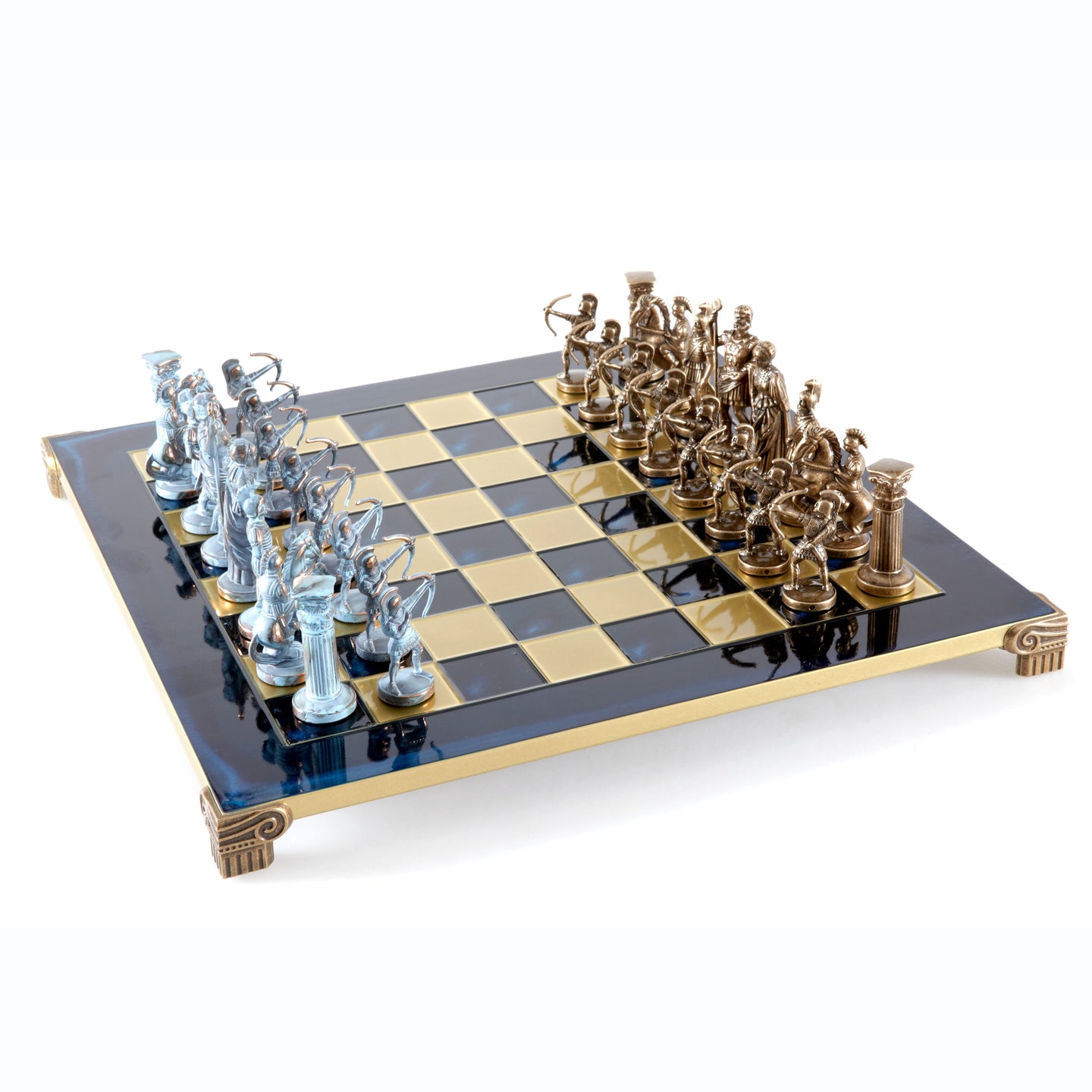 ARCHERS CHESS SET with blue/brown chessmen and bronze chessboard (Larg ...