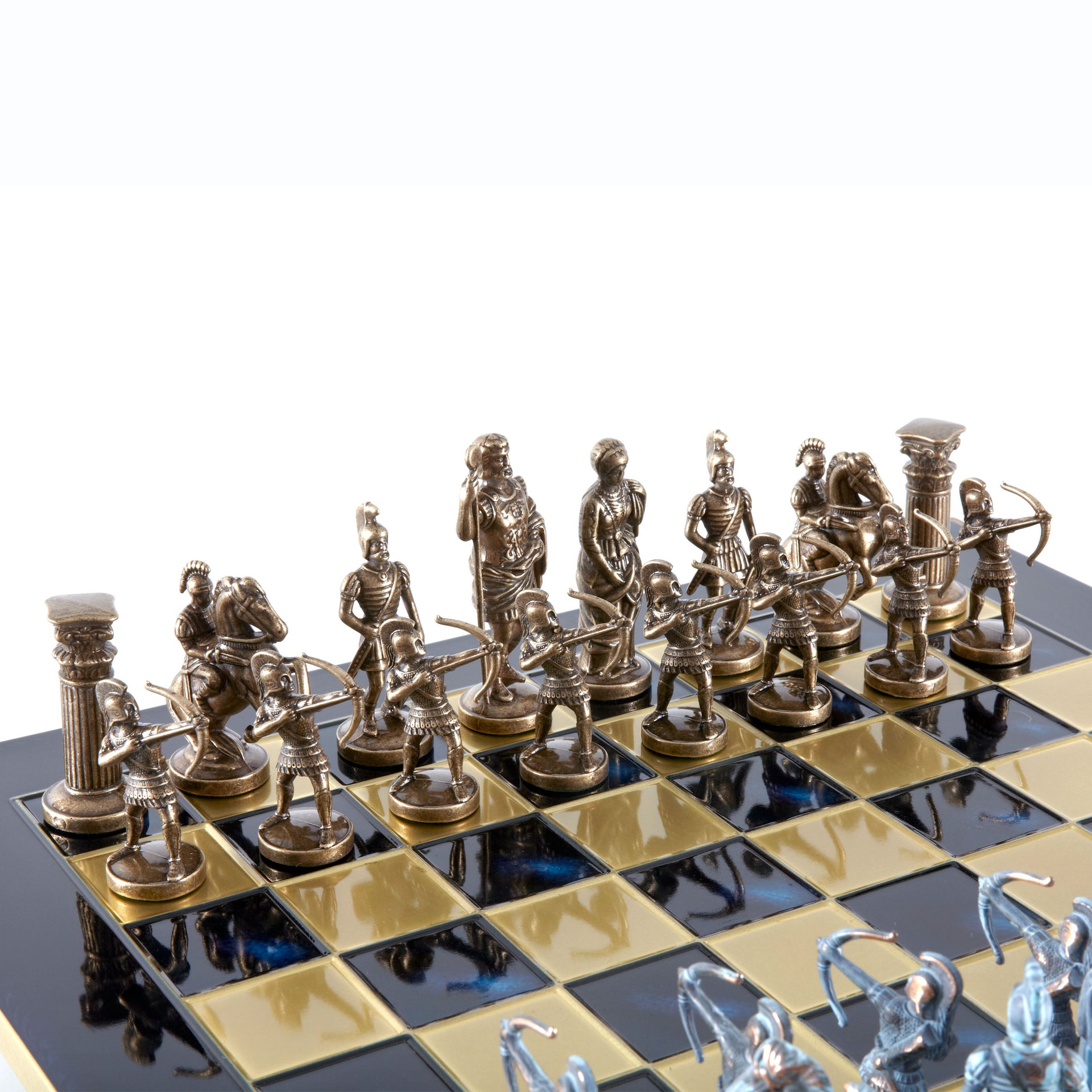 ARCHERS CHESS SET with blue/brown chessmen and bronze chessboard (Larg ...