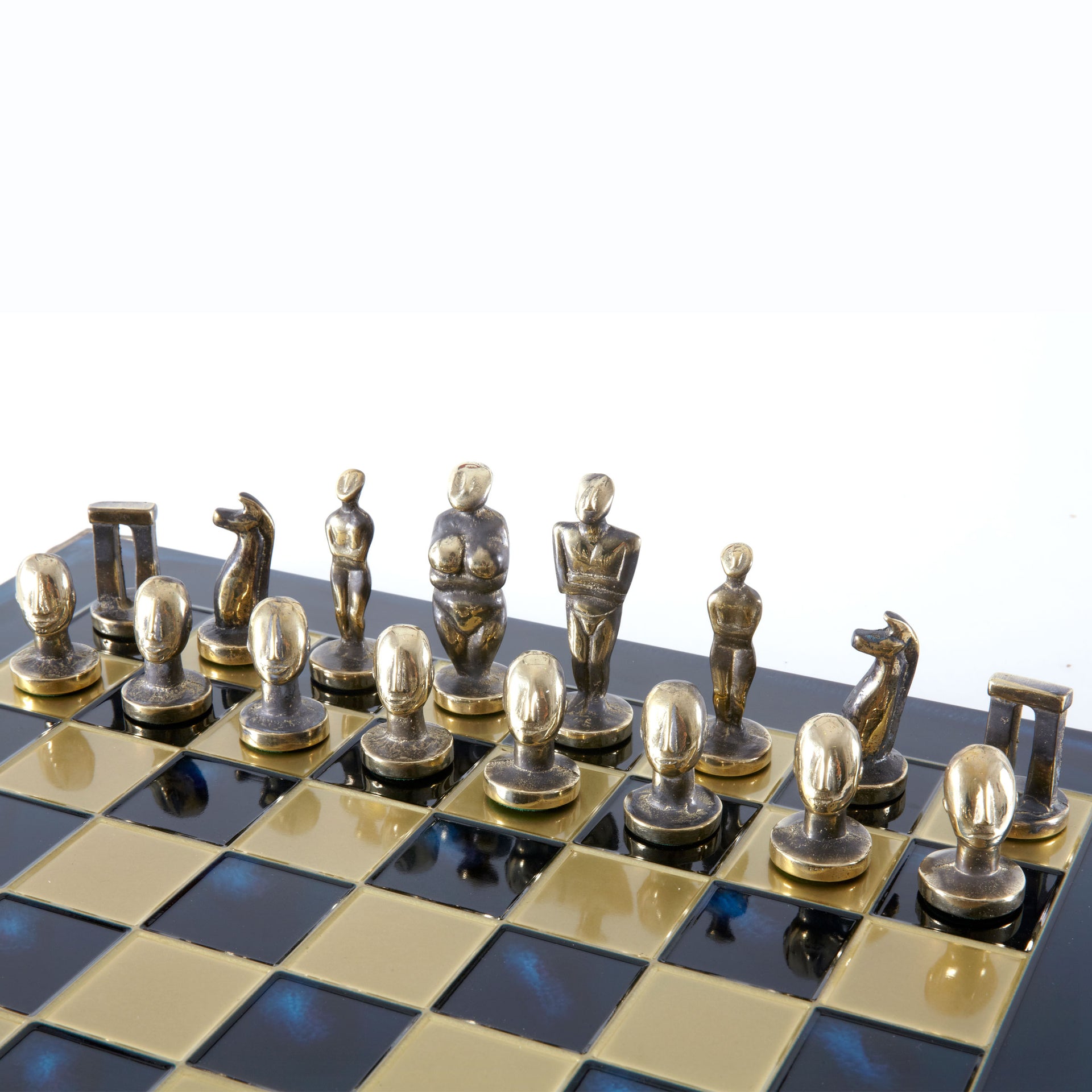 CYCLADIC ART SOLID BRASS CHESS SET with blue/brown chessmen and bronze ...