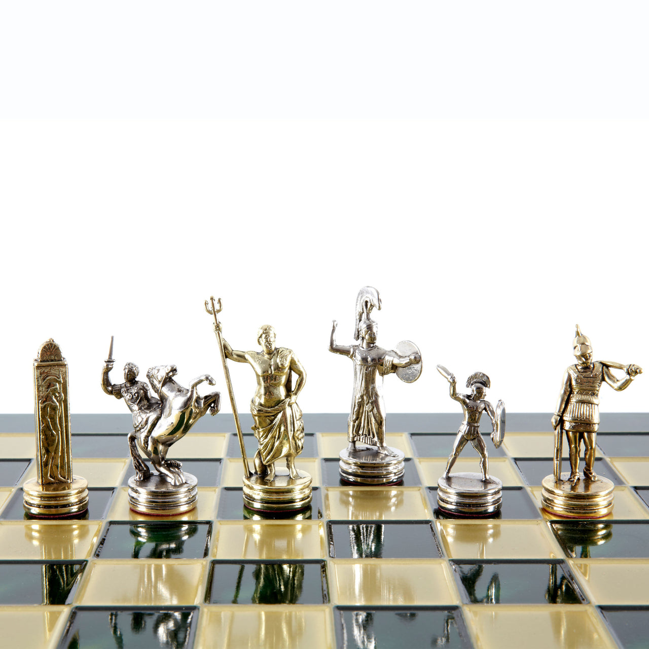 GREEK MYTHOLOGY CHESS SET with gold/silver chessmen and bronze chessbo ...