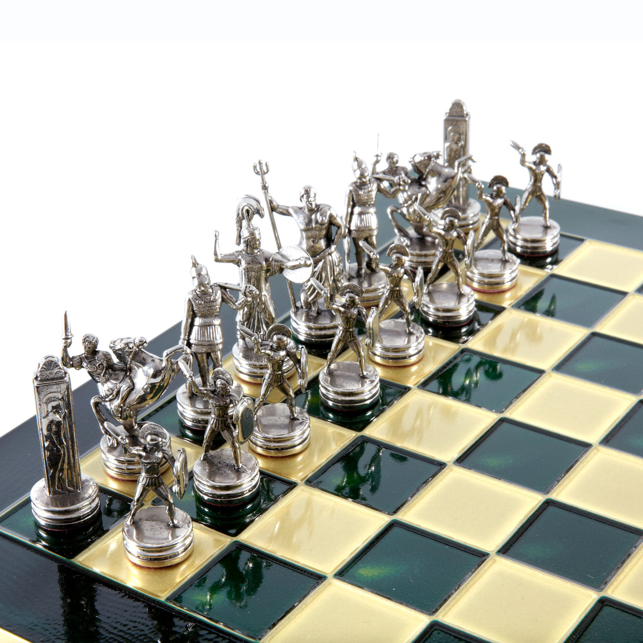 GREEK MYTHOLOGY CHESS SET with gold/silver chessmen and bronze chessbo ...