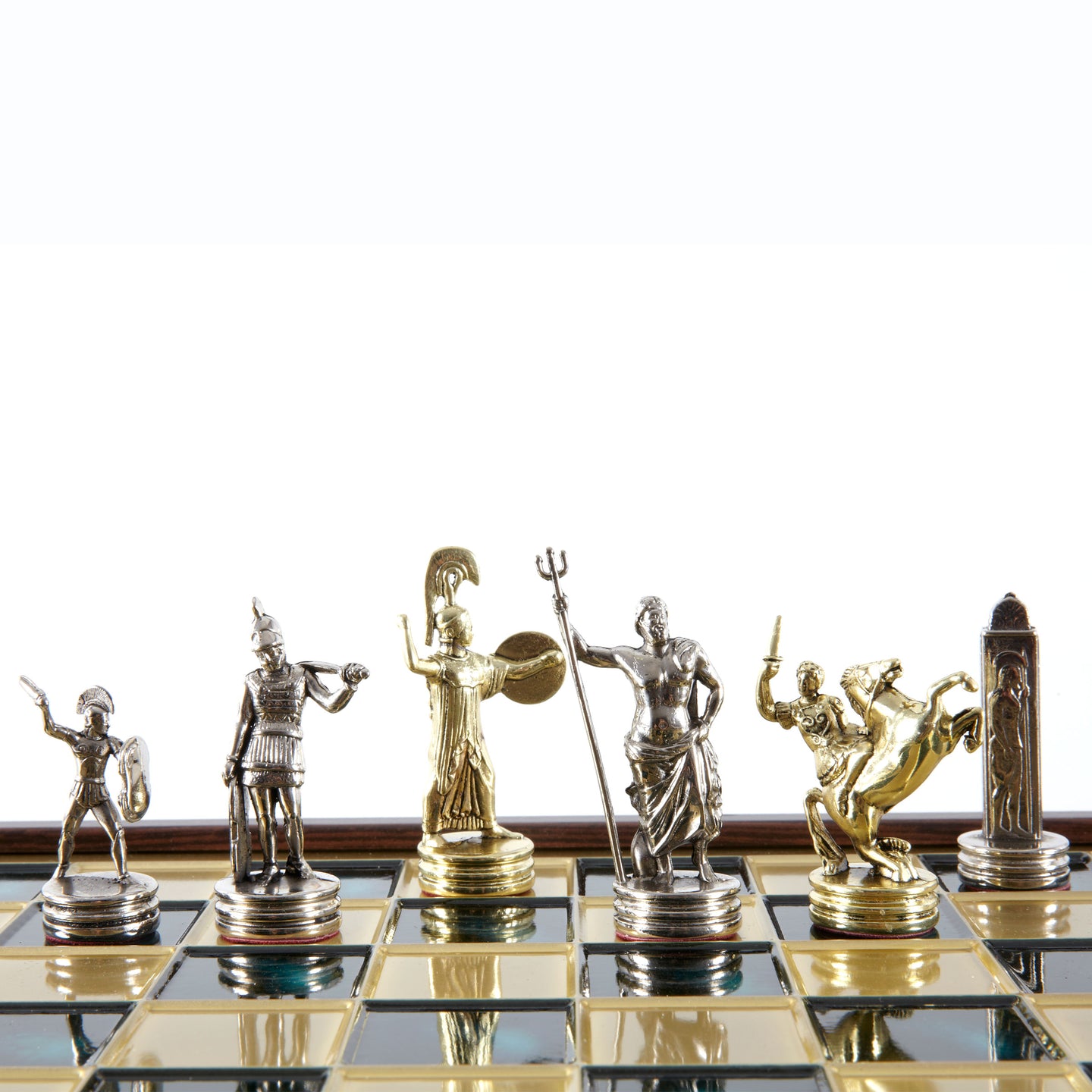 GREEK MYTHOLOGY CHESS SET in wooden box with gold/silver chessmen and ...